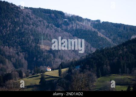 Kirchzarten, Germany. 15th Feb, 2023. Two cyclists ride on a bike path ...