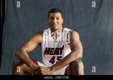 Miami Heat player Dexter Pittman poses for photos during the team's ...