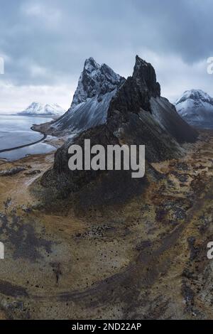 Aerial View of the Eystrahorn with Krossanesfjall Mountain in Iceland ...