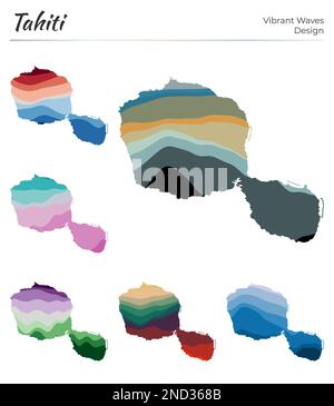 Set of vector maps of Tahiti. Vibrant waves design. Bright map of island in geometric smooth ...
