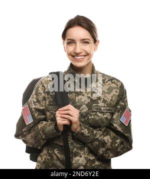 Female cadet with backpack isolated on white. Military education Stock ...