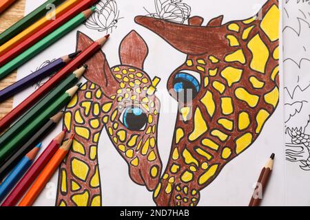 Child's colored drawing with pencils, flat lay Stock Photo - Alamy