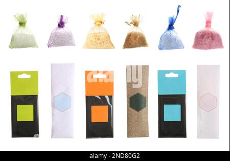 Set of scented sachets with different aromas on white background, top ...