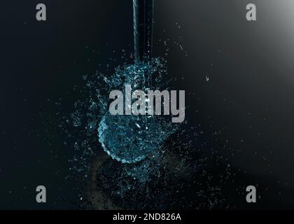 A pitcher splashing out of an empty glass with some water, dark ...