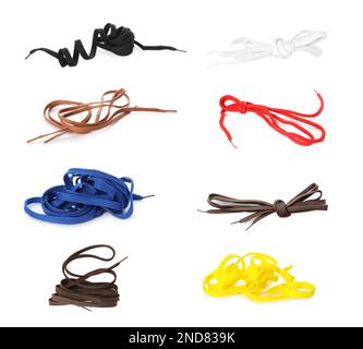 Different shoe laces on white background Stock Photo - Alamy
