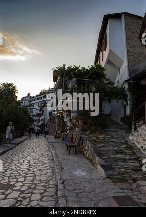 Street view of Makrinitsa village, a spectacularly traditional greek ...