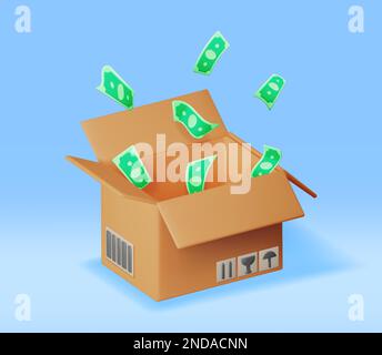 3D Cardboard Box with Dollar Banknotes Inside Isolated. Open Carton ...