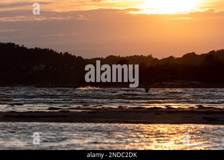 Kiteboarders kitesurfing in the sunset by a beach Stock Photo - Alamy
