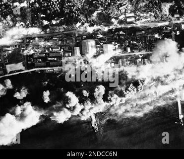 Japanese seaplane base on Truk under attack in February 1944 Stock ...