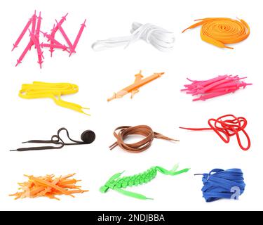 Set with different bright shoe laces on white background Stock Photo ...