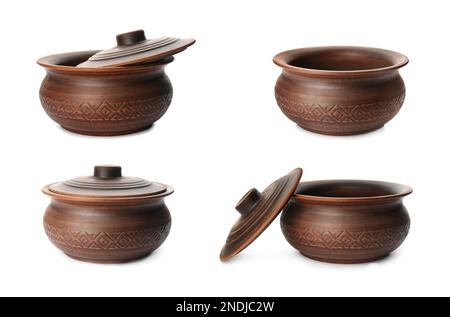 Set of beautiful clay pots with lid isolated on white background Stock ...