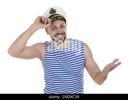 Happy sailor wearing cap on white background Stock Photo - Alamy