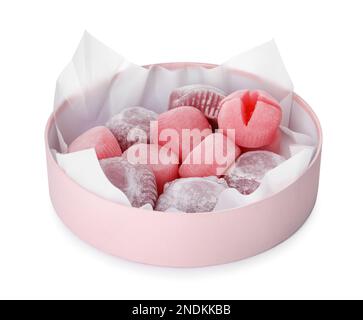Many different delicious mochi in box on light blue background, top ...