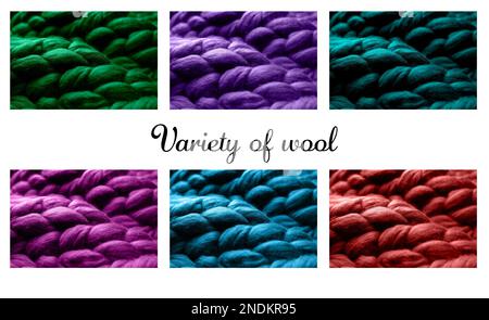 Samples of different wool on white background, collage. Color palette ...