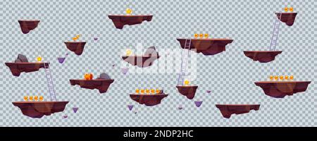 Game level map with floating ground. Screen stage scene with sky, rocks ...