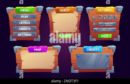 Game menu wooden frame, panel textured with rope hanging plank in ...