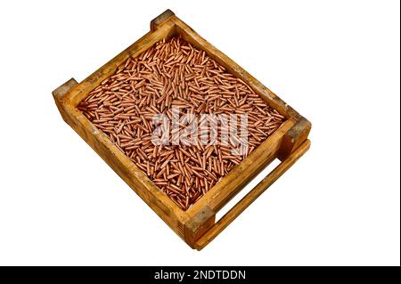 Old wooden crate with large caliber brass bullets on white Stock Photo ...
