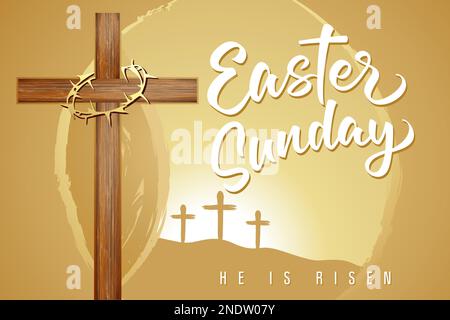 Easter Sunday calligraphy banner, tomb and cross on Calvary. Christ our ...