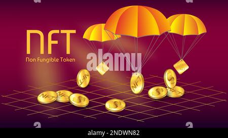 Parachutes with NFT non fungible token gold coins and unique tokens on ...