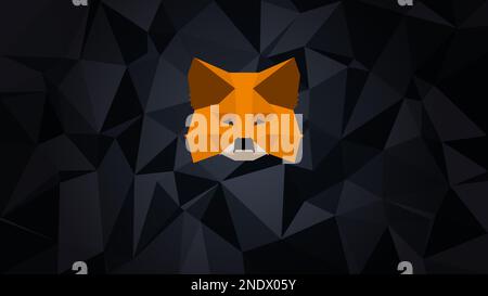 MetaMask logo sign on polygonal wireframe red background. Crypto wallet ...