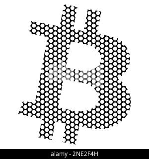 Bitcoin BTC sign silhouette from holey mesh in light center on dark ...