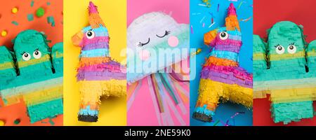Collage with photos of funny pinatas on different color backgrounds, top view. Banner design ...