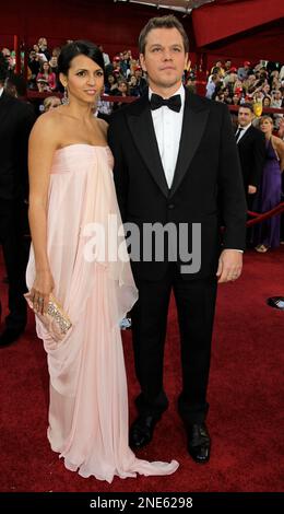 Actor Matt Damon, right, and his wife Luciana Barroso pose together at ...