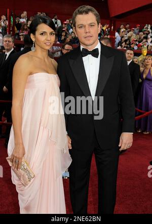 Actor Matt Damon, right, and his wife Luciana Barroso pose together at ...