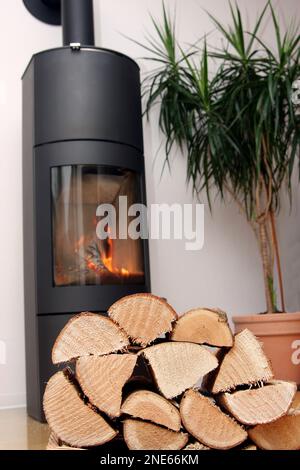 Scandinavian wood stove with stacks of wood Stock Photo - Alamy