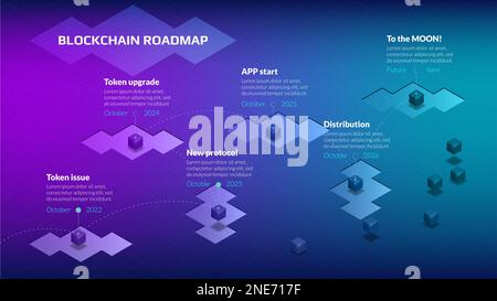 Isometric roadmap for blockchain or cryptocurrency project with big and small cubes on purple ...