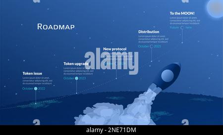 Roadmap with planet Earth and space rocket with long trail on blue ...