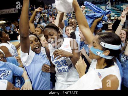 North Carolina center Waltiea Rolle, right, blocks Duke forward Joy ...