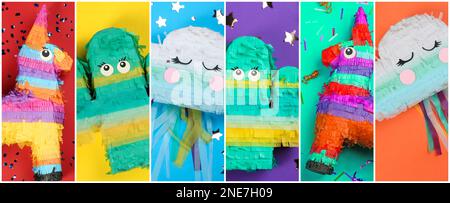 Collage with photos of funny pinatas on different color backgrounds ...
