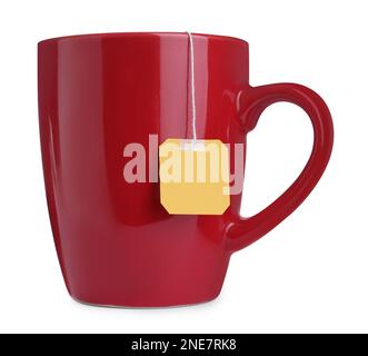 Teabag with red label on white background Stock Photo - Alamy
