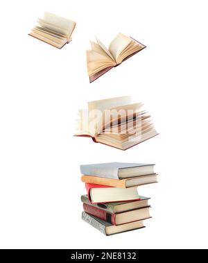 Stacked and flying books on white background, collage Stock Photo - Alamy