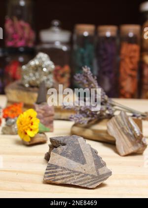 Ancient Native American Pottery Pieces With Crystals and Flowers on ...