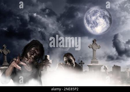 Scary zombies at misty cemetery under full moon. Halloween monsters ...