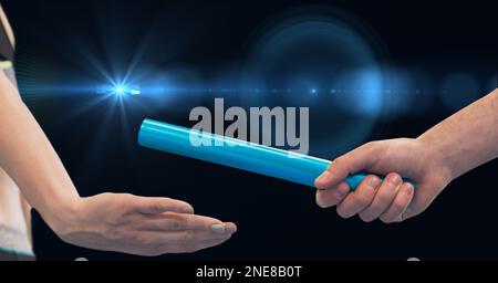 Composition of caucasian athletes passing green relay baton over black ...