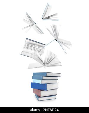 Stacked and flying books on white background, collage Stock Photo - Alamy