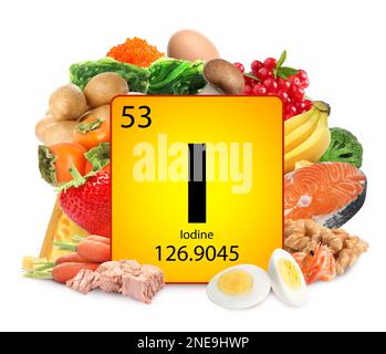 Different products rich in Iodine on white background Stock Photo - Alamy