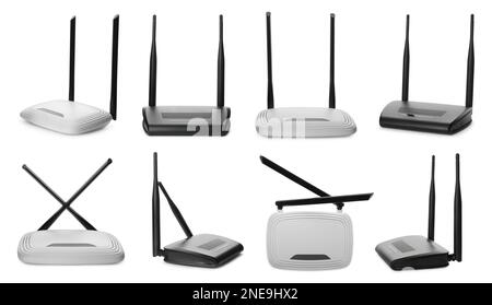 Set with modern Wi-Fi routers on white background. Banner design Stock ...