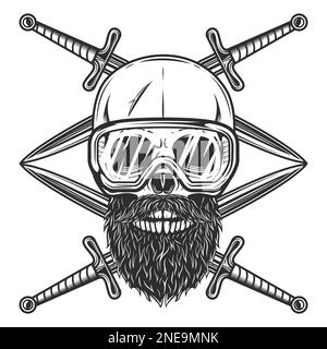 Skull with mustache in construction safety glasses and crossed sword ...
