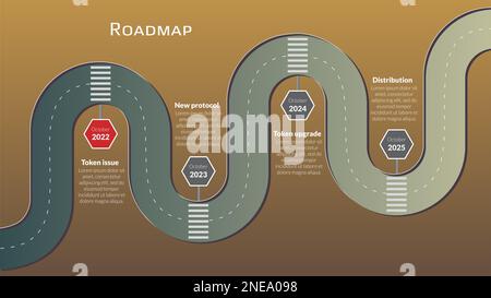 Roadmap with winding road and stop signs on stages on dark blue ...