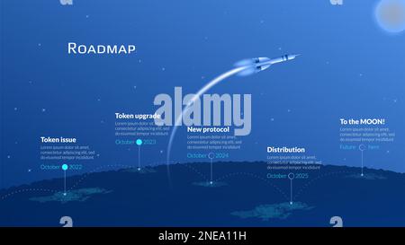 Roadmap with planet Earth and space rocket with long trail on blue ...