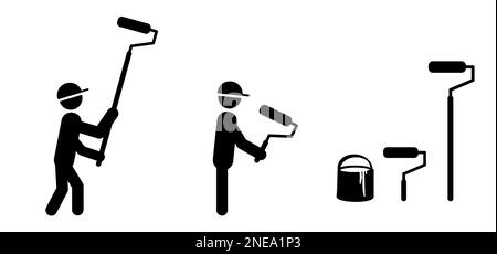 Cartoon stickman, stick figure man with color paint roller. Vector home ...