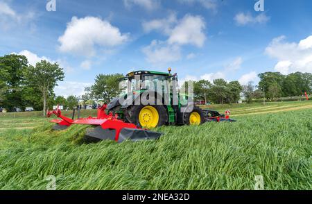 Mowing a field of Rye grass for silage to feed to dairy cattle over ...