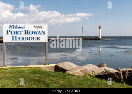 View the pier at Port Rowan harbor on Lake Erie in Ontario, Canada ...