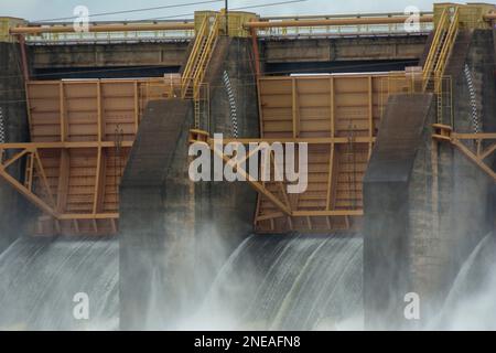 Close up of Barra Bonita dam with open hydroelectric plant gates. The ...