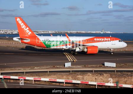 An easyjet a320neo advertising Europcar departs Lanzarote Arrecife ...