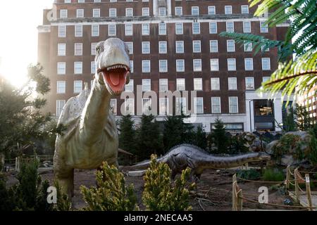 An animatronic Diplodocus is seen on display at the interactive ...